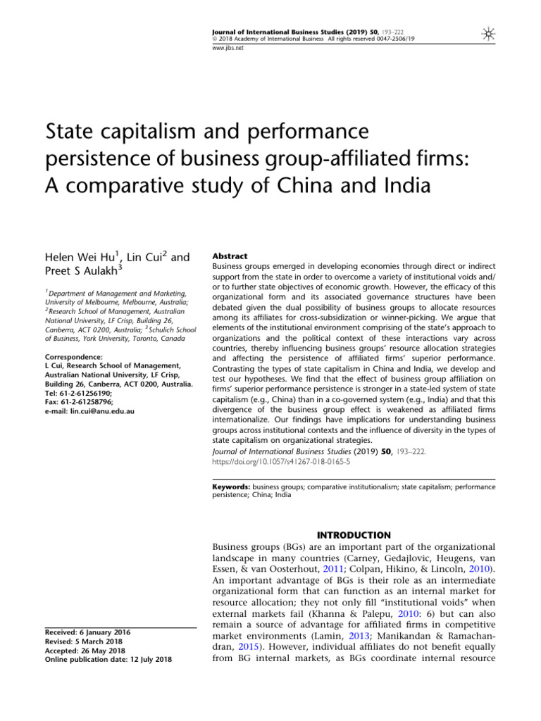 State Capitalism and Performance Persistence of Business Group ...