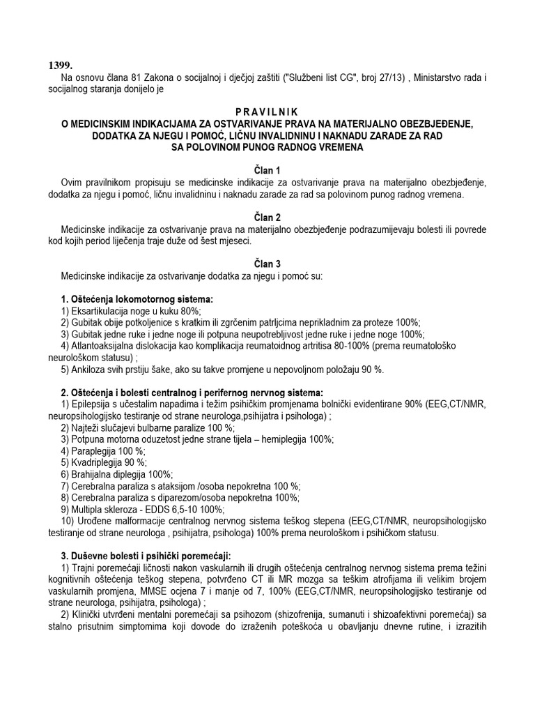 Pravilnik o Medicinskim Indikacijama Za Ostvarivanje Prava Na Materijalno Obezbjeđenje, Dodatka ...