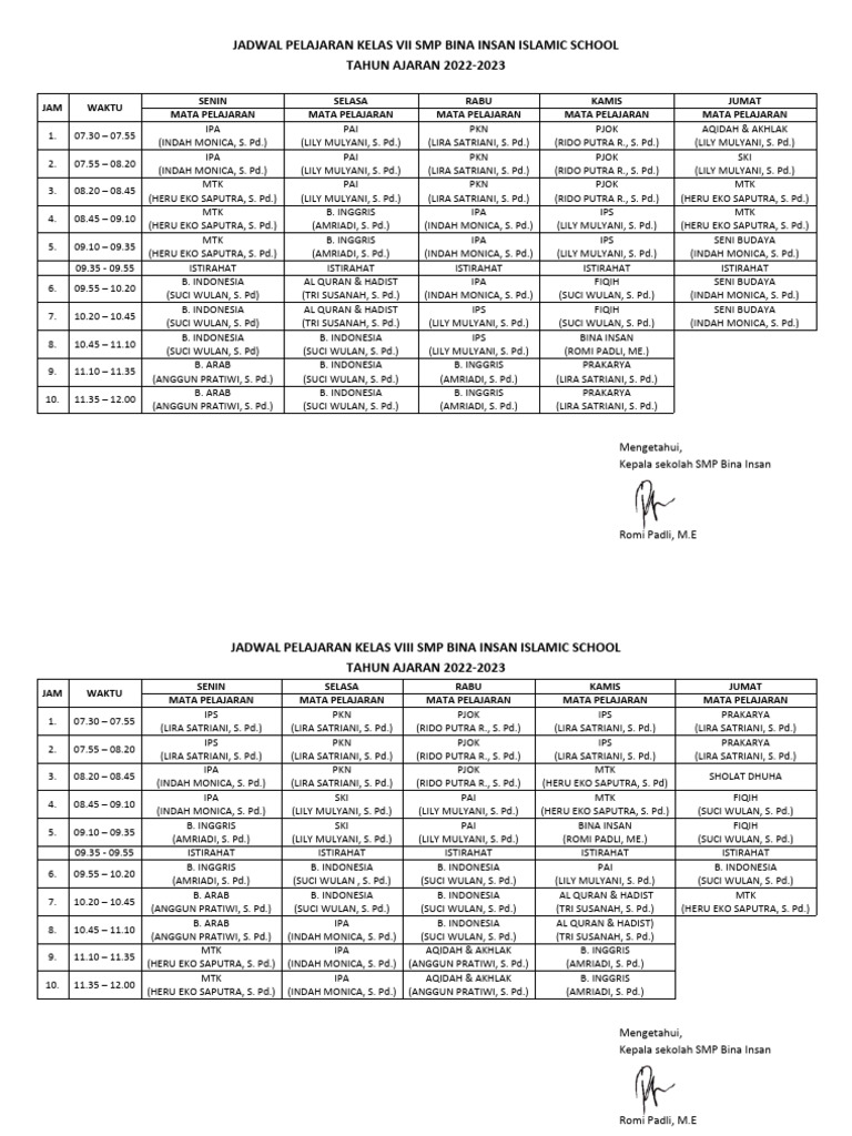 Revisi Jadwal Pelajaran Ramadhan SMT 2 Kelas Vii Dan Viii 2022-2023 | PDF