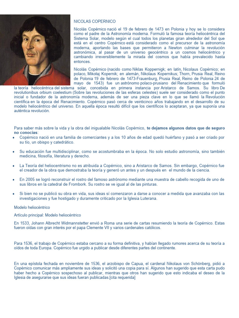 Nicolás Copérnico: Pionero del Heliocentrismo | PDF | Nicolás Copérnico ...
