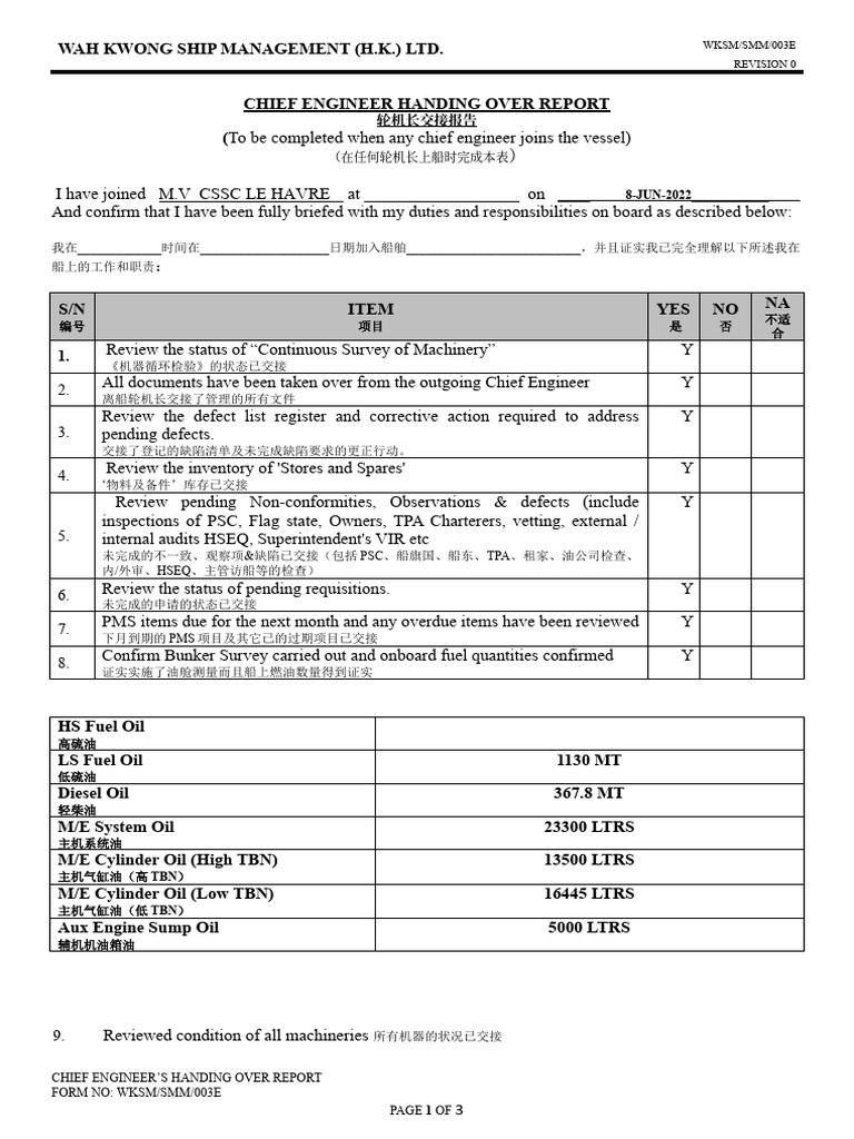 SMM.003E Chief Engineer Handing Over Report | PDF | Firefighting | Ships