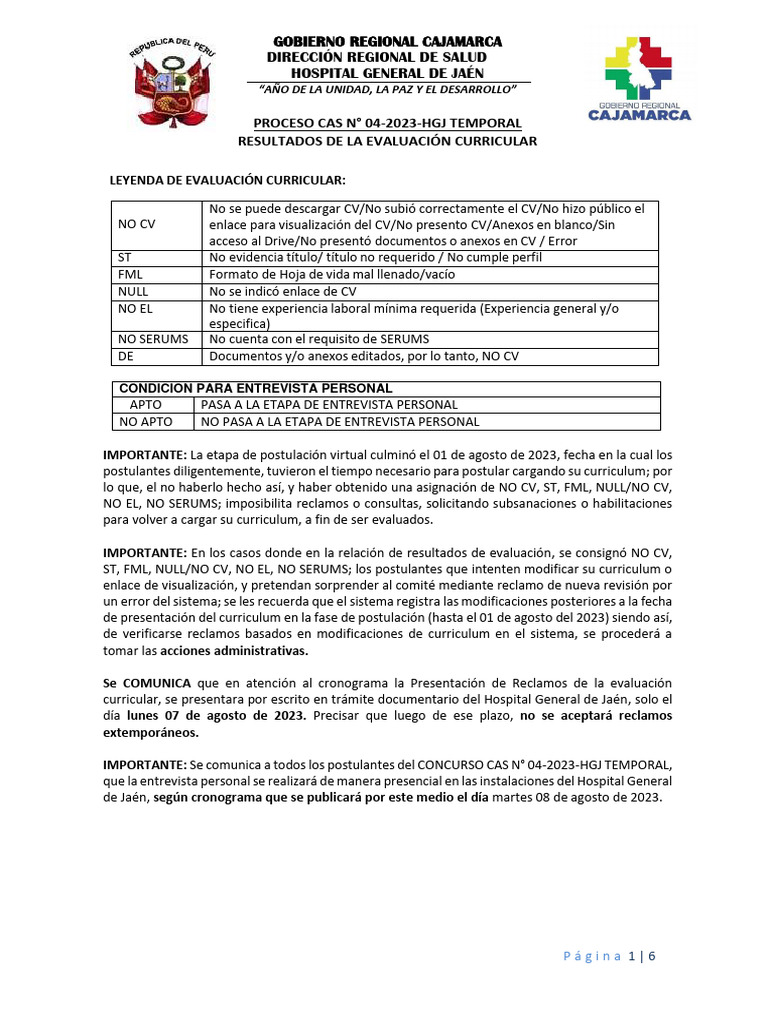 RESULTADOS CAS 04-23 HGJ-TEMPORAL EVALUACION CURRICULAR v2 | PDF | Plan ...
