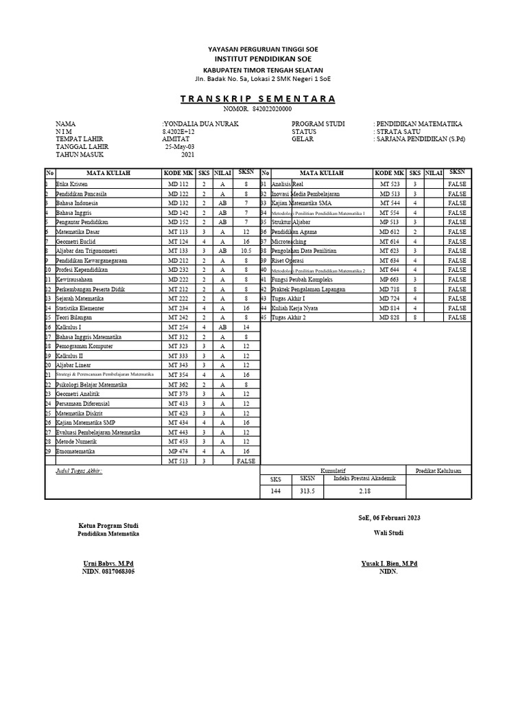 Format Transkip-1 | PDF