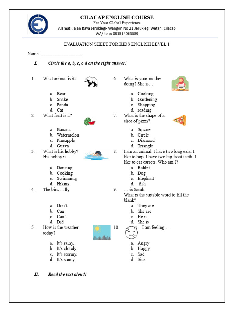 Kids English Level 1 Evaluation Sheet | PDF | Rabbit