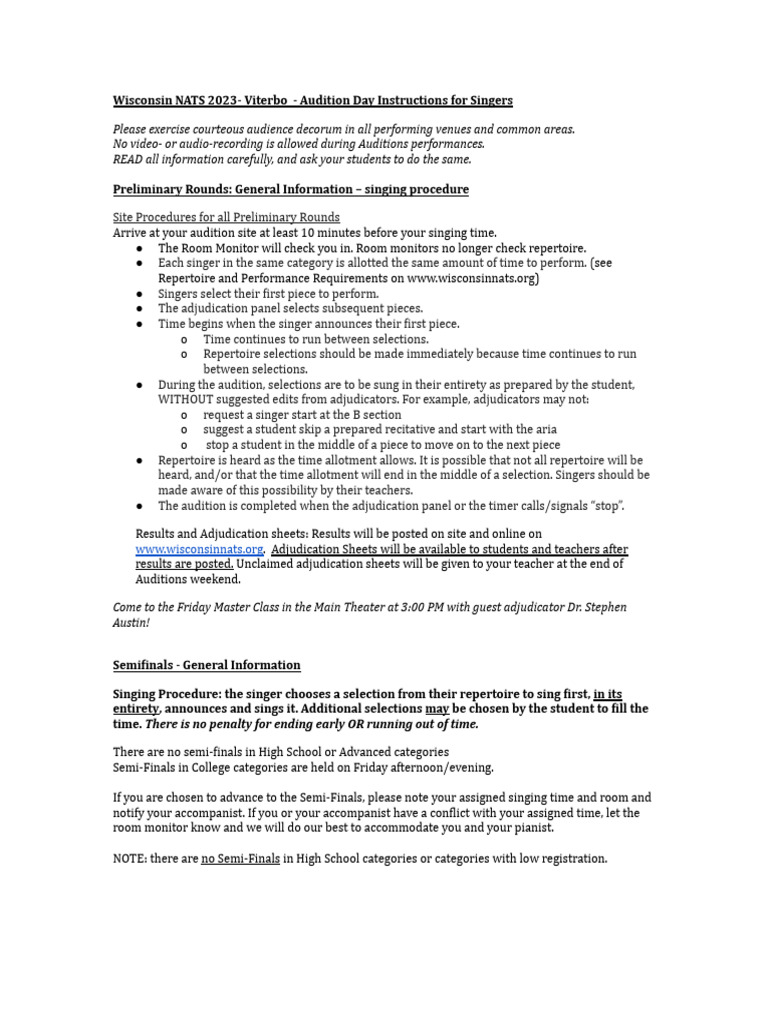 Audition Day Instructions For Singers2023 | PDF | Audition