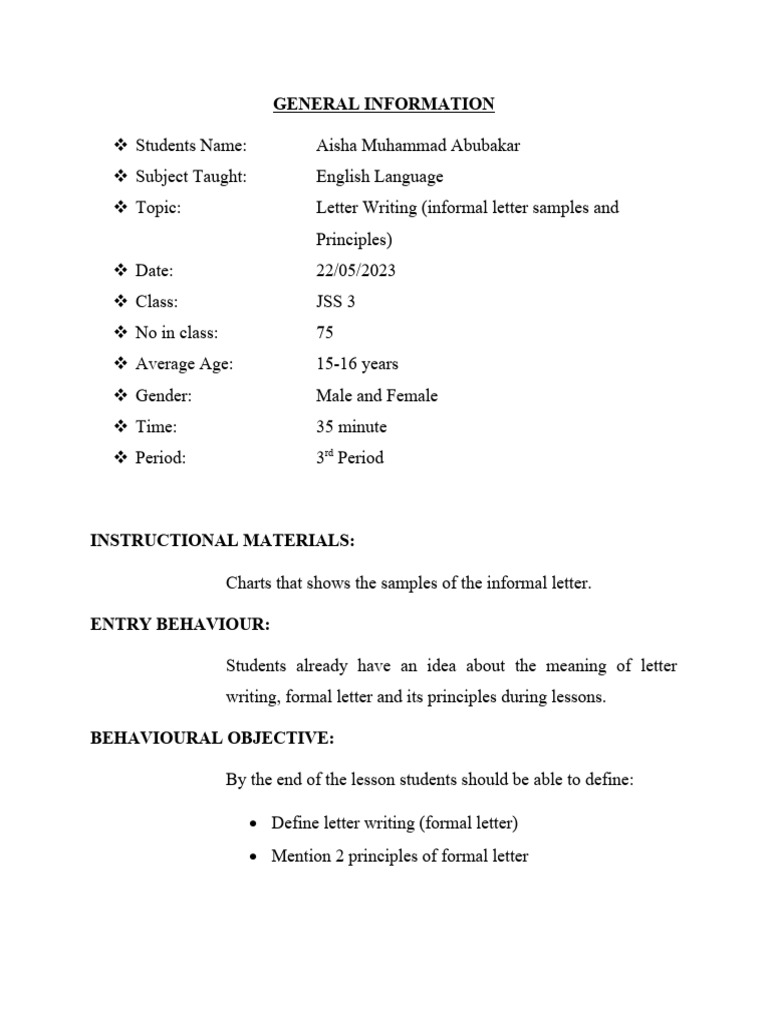 Letter Writing Lesson Plan | PDF | Teachers | Lesson Plan