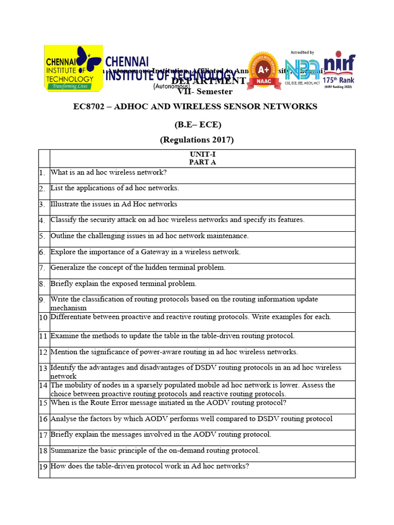 Question Bank AWSN | PDF | Wireless Ad Hoc Network | Wireless Sensor Network