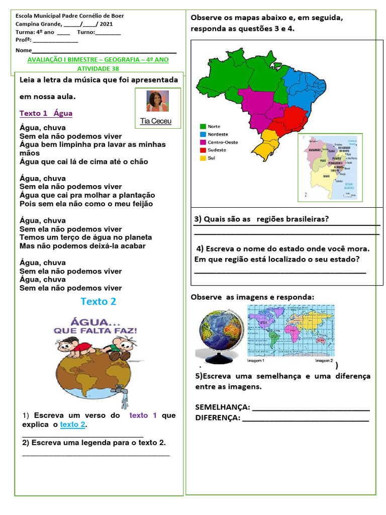 Avaliaã Ã o I Bimestre - Geografia - 4âº Ano | PDF