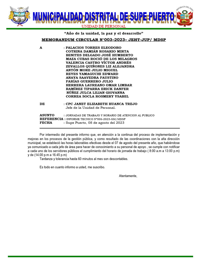 Memorandum Circular #003-2023 - Nuevo Horario Laborable | PDF