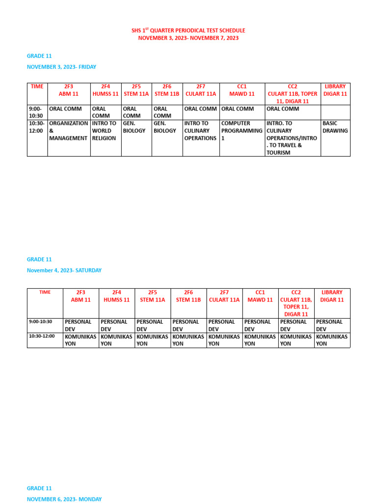 Grade 11 First Quarter Exam Schedule | PDF | Career And Technical ...