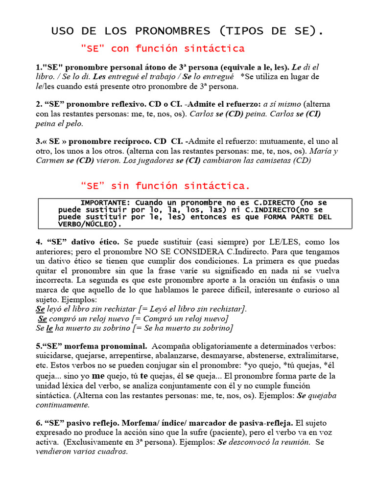 USO PRONOMBRES-TIPOS DE SE-con Actividades | PDF | Verbo | Pronombre
