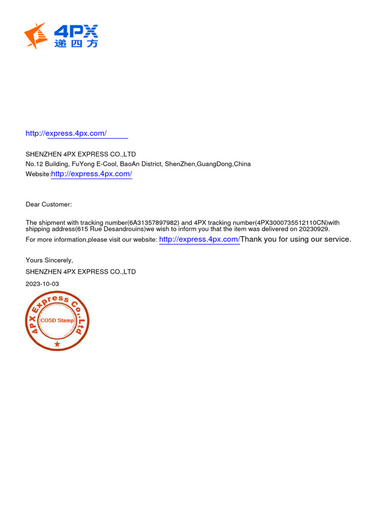 4PX Shipping Delivery Confirmation | PDF