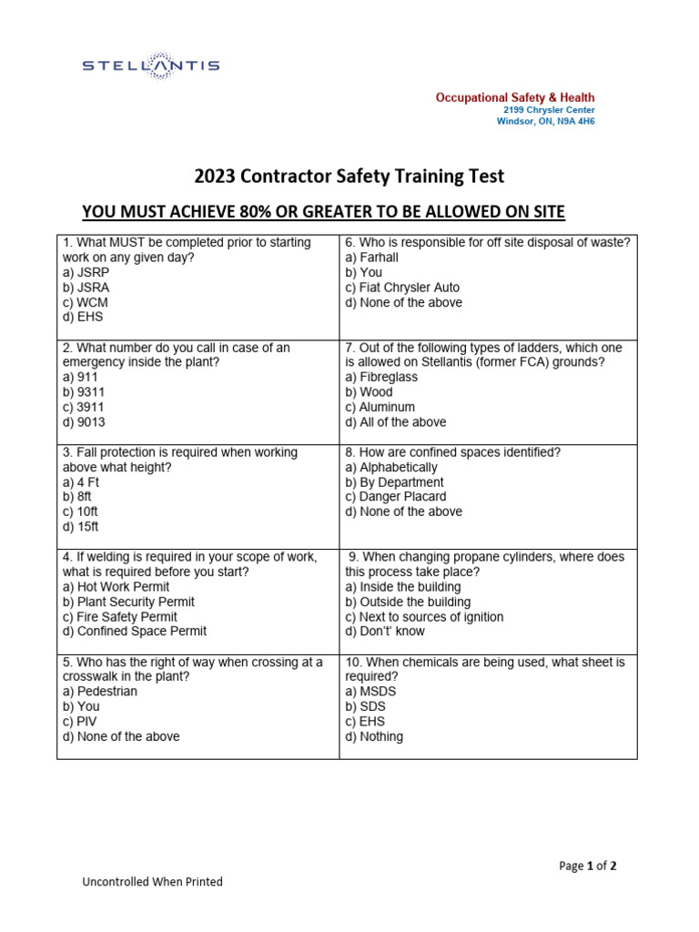 Stellantis Contractor Safety Test | PDF | Safety | Occupational Safety ...