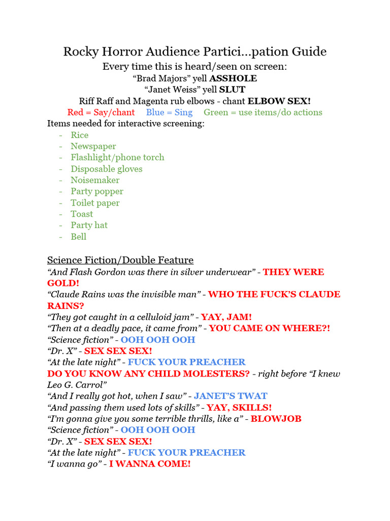 Rocky Horror Audience Partici Pation Guide | PDF