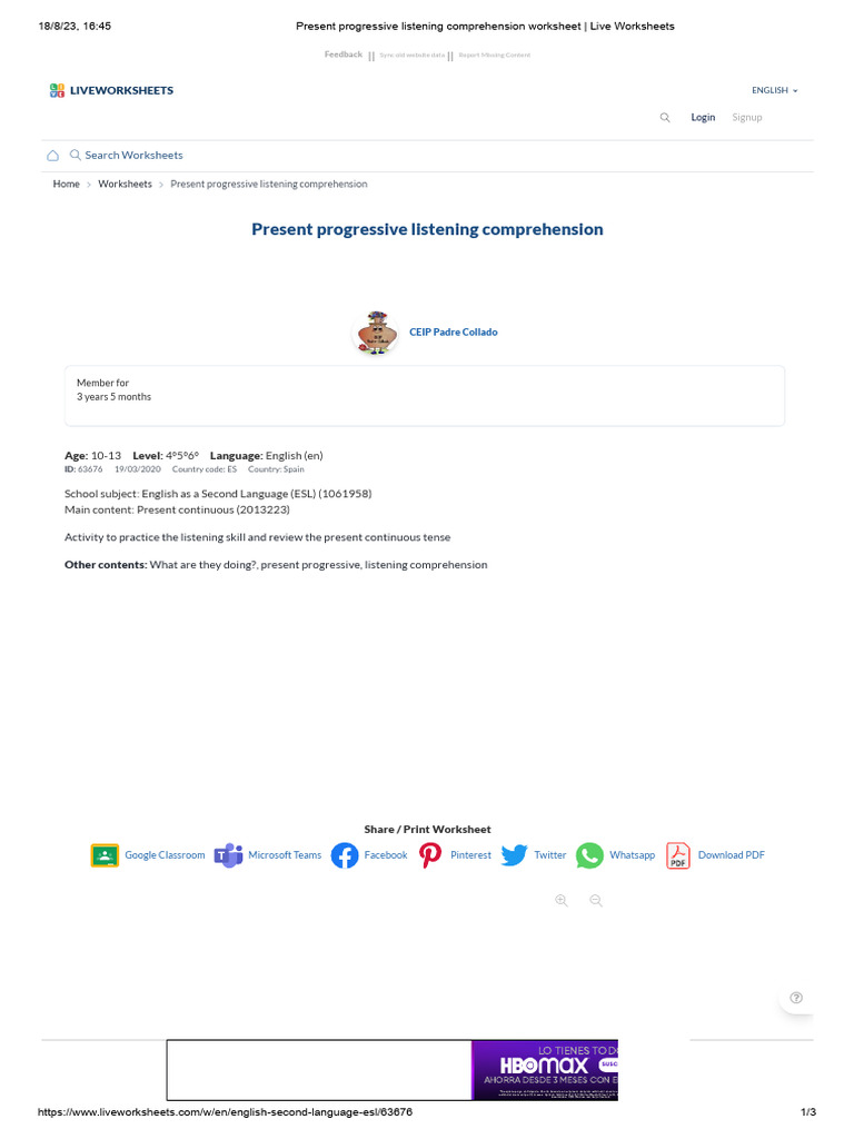 Present Progressive Listening Comprehension Worksheet - Live Worksheets ...