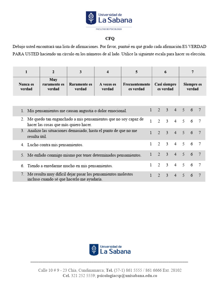CFQ (Cognitive Fusion Questionnaire) UNISABANA | PDF
