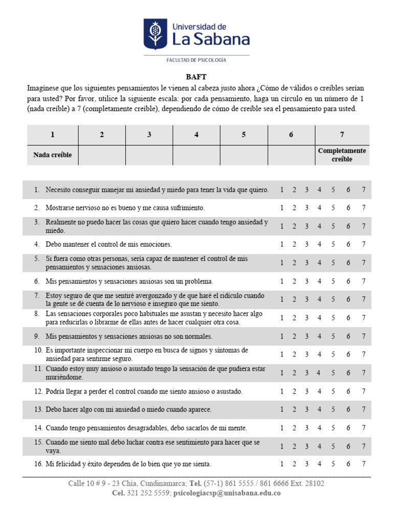 BAFT (Believeability of Anxious Feelings and Toughts Questionnaire ...