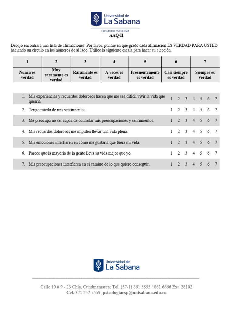 AAQ-II (Acceptance and Action Questionnaire-II) UNISABANA | PDF AAQ-II (Acceptance and Action Questionnaire-II) UNISABANA | PDF