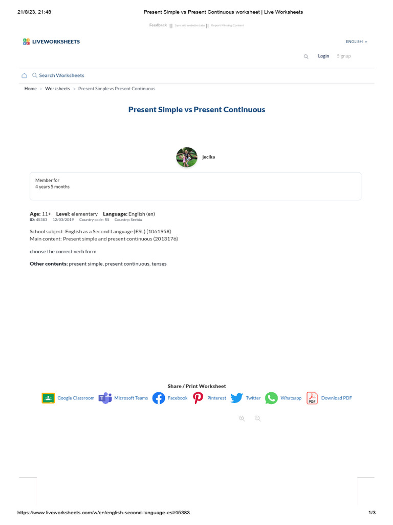 Present Simple Vs Present Continuous Worksheet - Live Worksheets | PDF ...