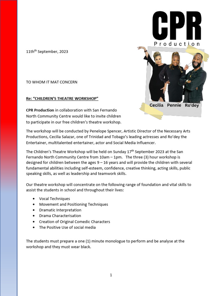 CPR Productioin Invitation Letter For Children's Theatre Workshop 2023 ...