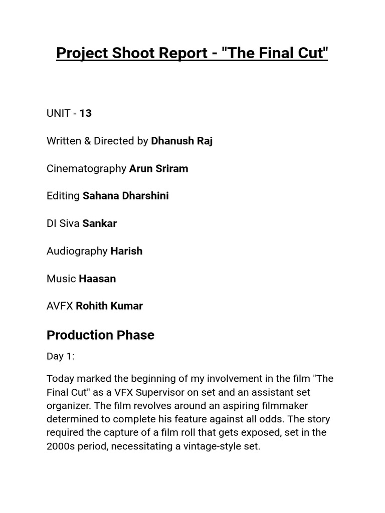 Project Shoot Report - The Final Cut | PDF | Cinematography | Filmmaking