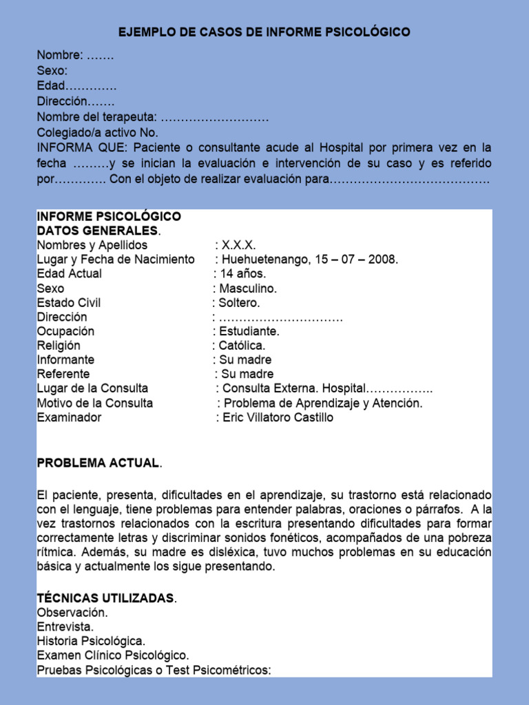 Ejemplo de Casos de Informe Psicológico | PDF | Sicología | Ciencias del comportamiento