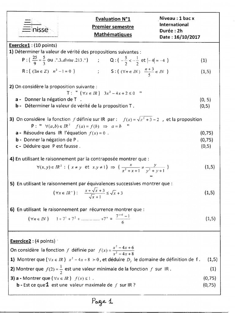 Devoir 1 Maths 1er BAC Sciences Experimentales 1er Semestre Sections ...