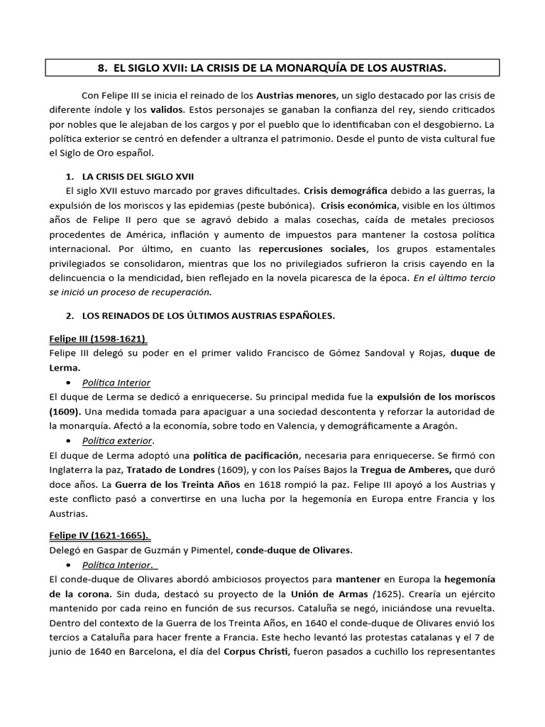 8. El siglo XVII. La crisis de la monarquía de los Austrias | PDF | Imperio español | España