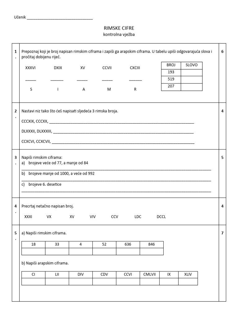 Rimske Cifre Kontrolni | PDF