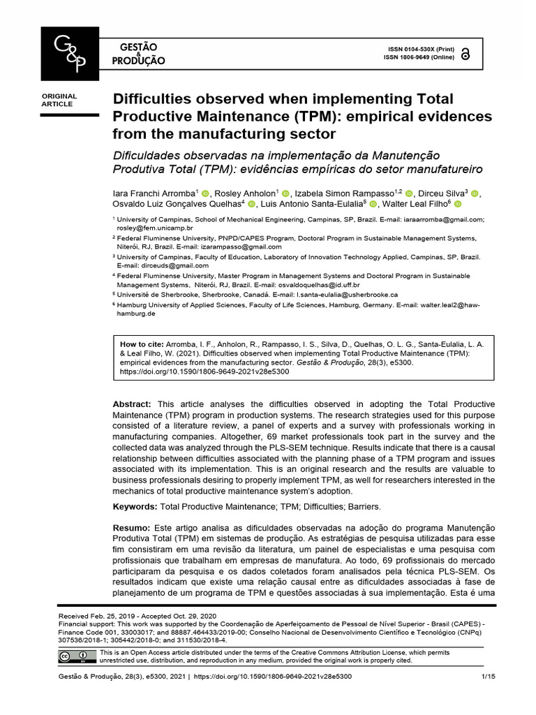 Difficulties Observed When Implementing Total Productive Maintenance ...