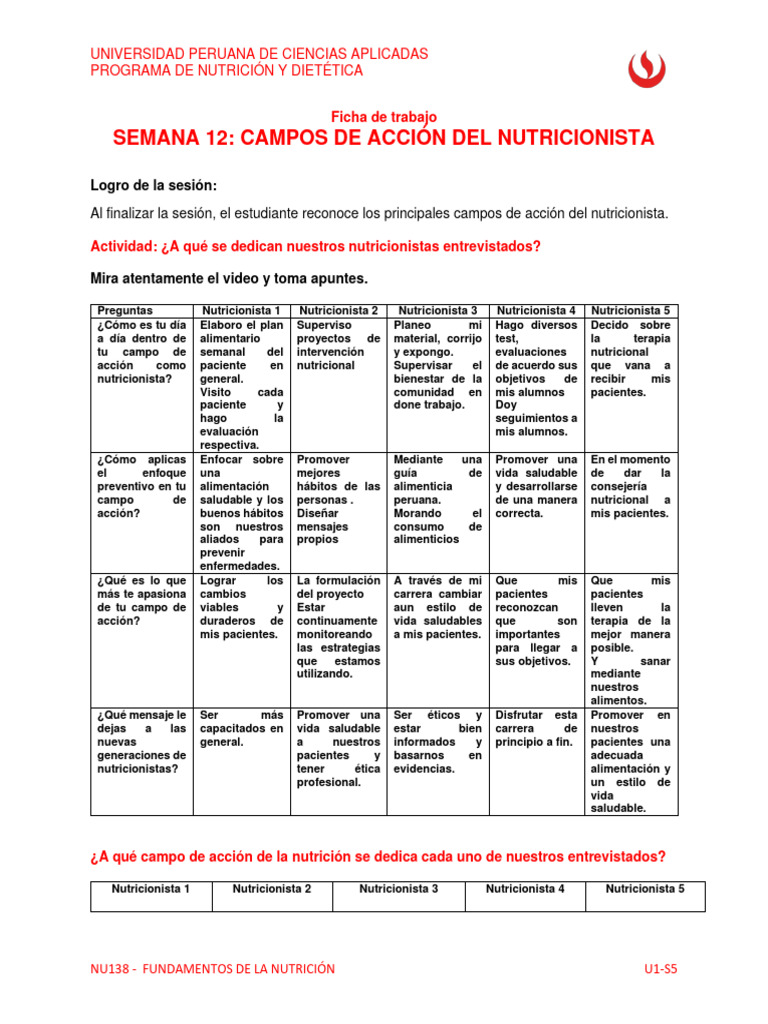 FT_NU138-U3-S12-Campos de acción de nutricionista RODRIGO ALARCON | PDF | Dietético | Nutrición