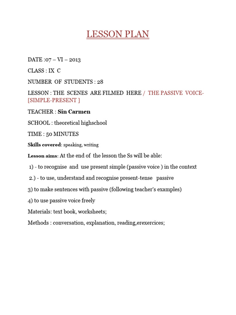 Passive Voice Lesson Plan | PDF | Lesson Plan | Verb Passive Voice Lesson Plan | PDF | Lesson Plan | Verb