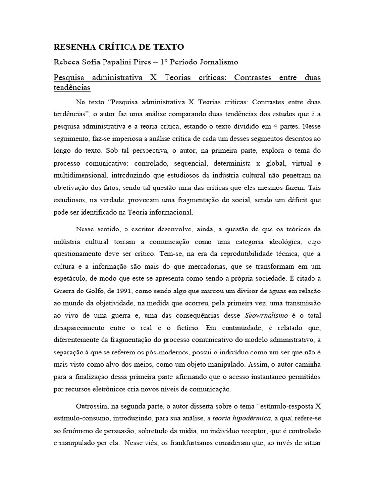 Resenha Crítica de Texto | PDF | Comunicação | Teoria Crítica