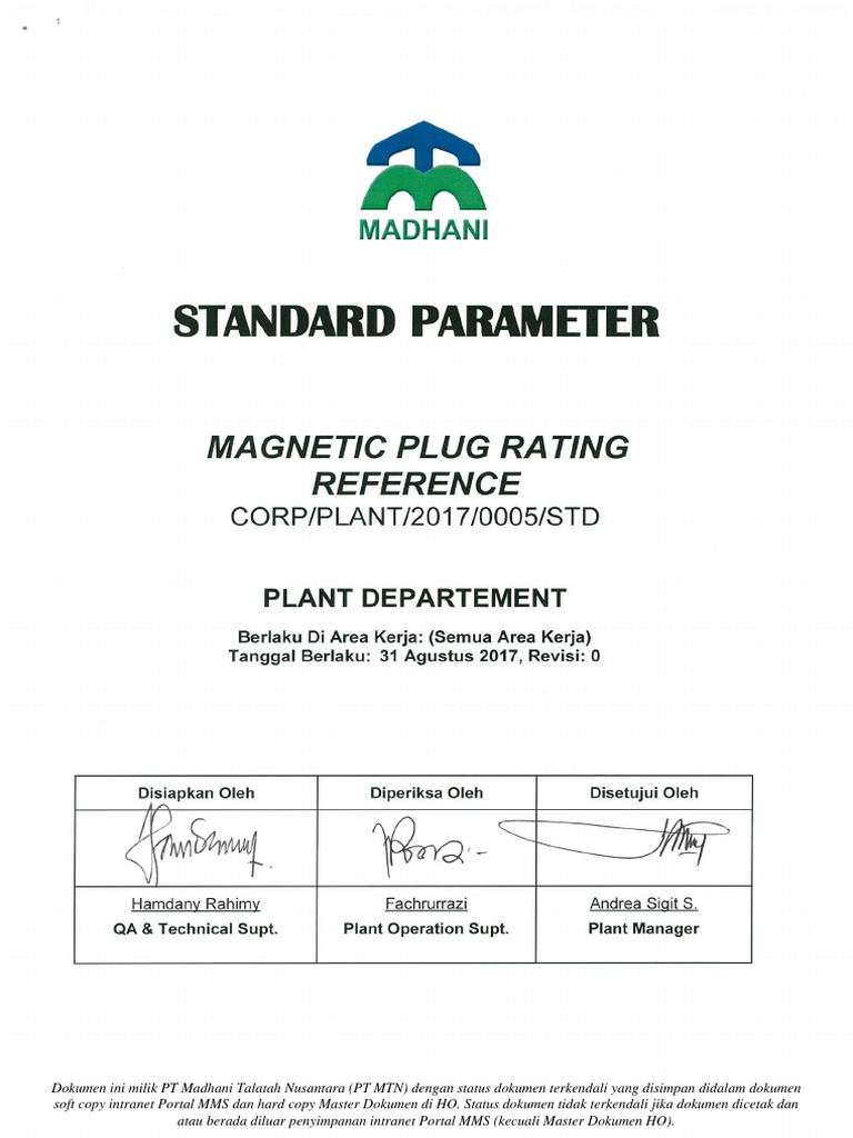 CORP PLANT 2017 0005 STD Magnetic Plug Rating Reference Rev.0 (OK) | PDF