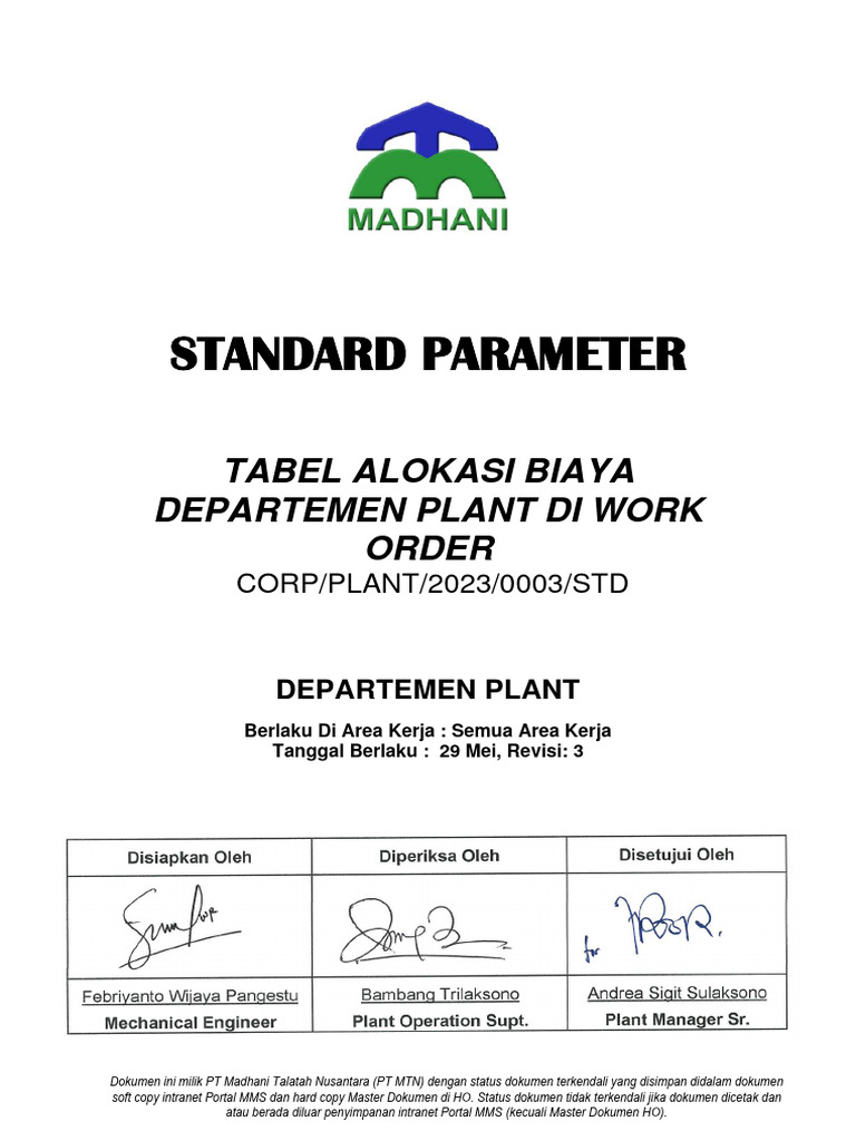 CORP PLANT 2023 0003 STD Tabel Alokasi Biaya Departemen Plant Di Work Order Rev.3 | PDF