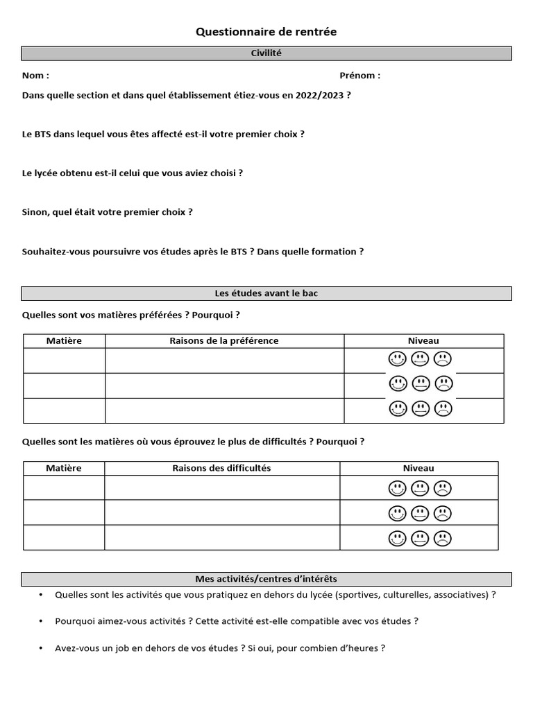 Questionnaire de rentrée pour BTS 2023 | PDF