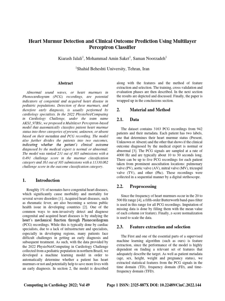 Heart Murmur Detection and Clinical Outcome Prediction Using Multilayer Perceptron Classifier ...