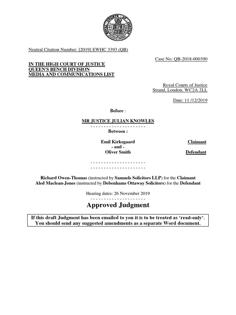 Emil Kirkegaard V OliverSmith Preliminary Judgment | PDF