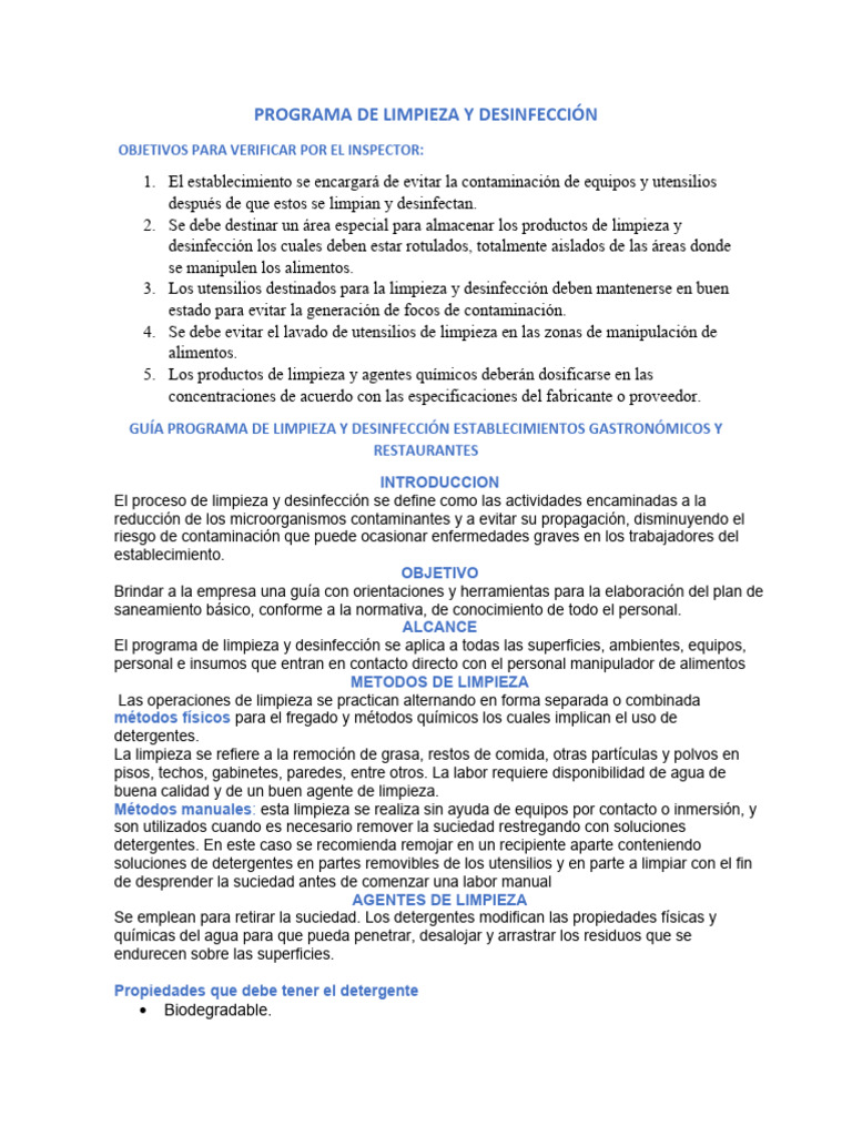 Guia Procesos de Limpieza y Desinfeccion | Descargar gratis PDF | Detergente | Alimentos