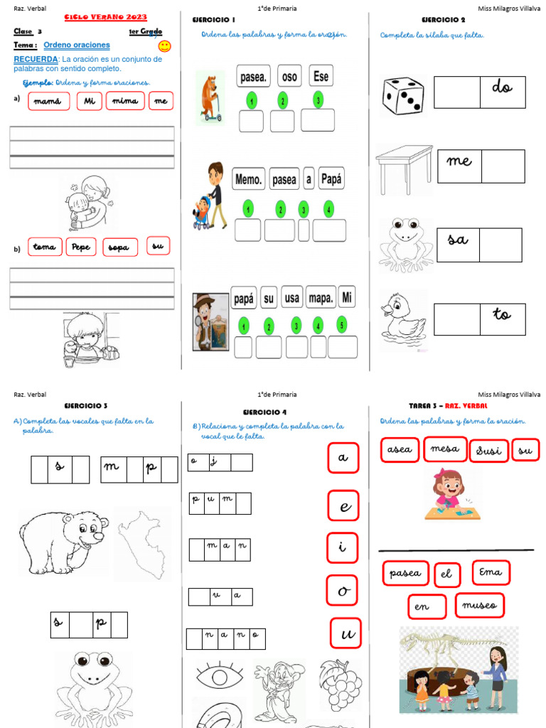 CLASE 3 - Ordeno Oraciones RV 1ero Primaria | PDF | Lingüística