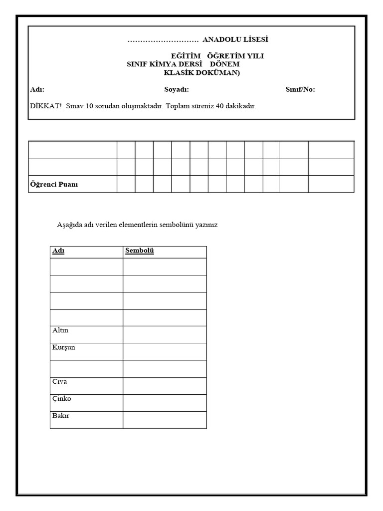 9.sinif Ki̇mya 1.dönem 1.yazili Sorular Ve Cevap Anahtari (3.klasi̇k Doküman) | PDF