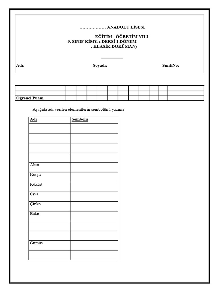 9.sinif Ki̇mya 1.dönem 1.yazili Sorular Ve Cevap Anahtari (4.klasi̇k Doküman) | PDF
