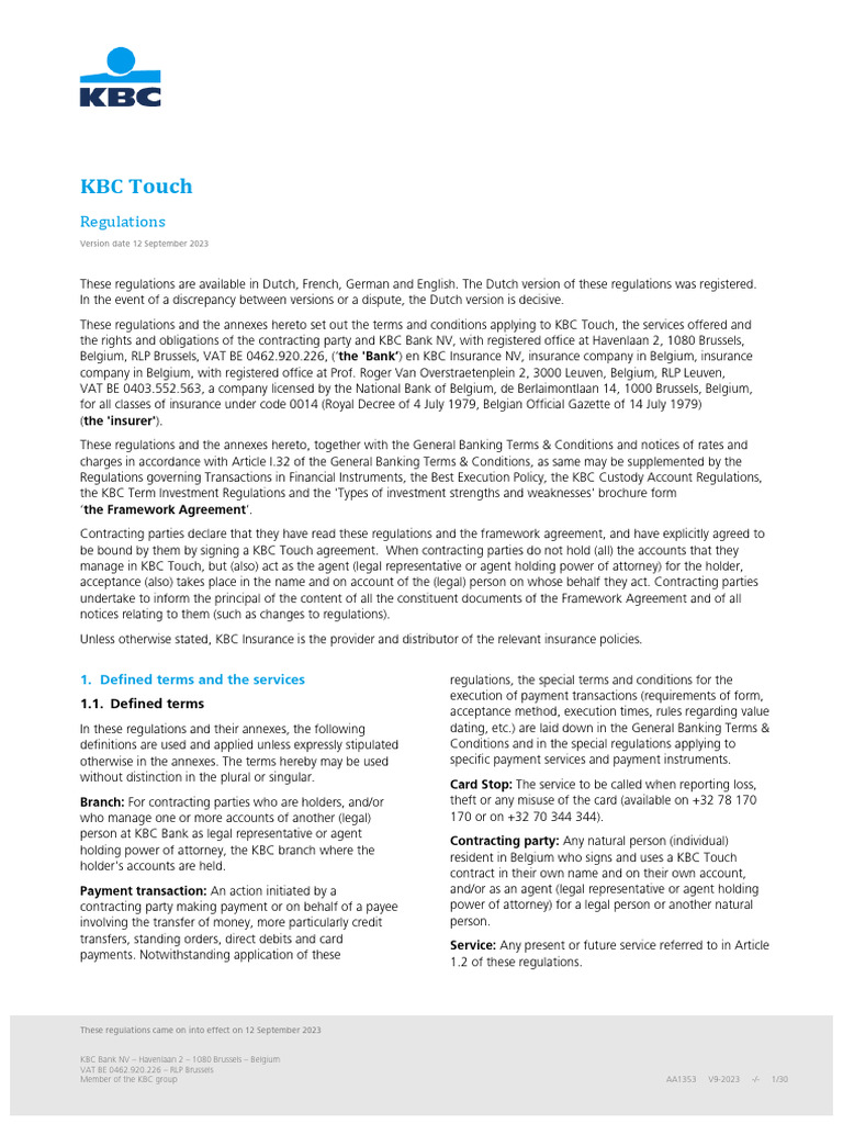 KBC Touch Regulations | PDF | Debit Card | Legal Liability