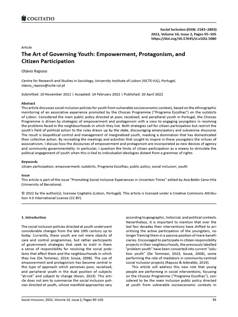 SI 10 (2) - The Art of Governing Youth - Empowerment, Protagonism, and Citizen Participation | PDF