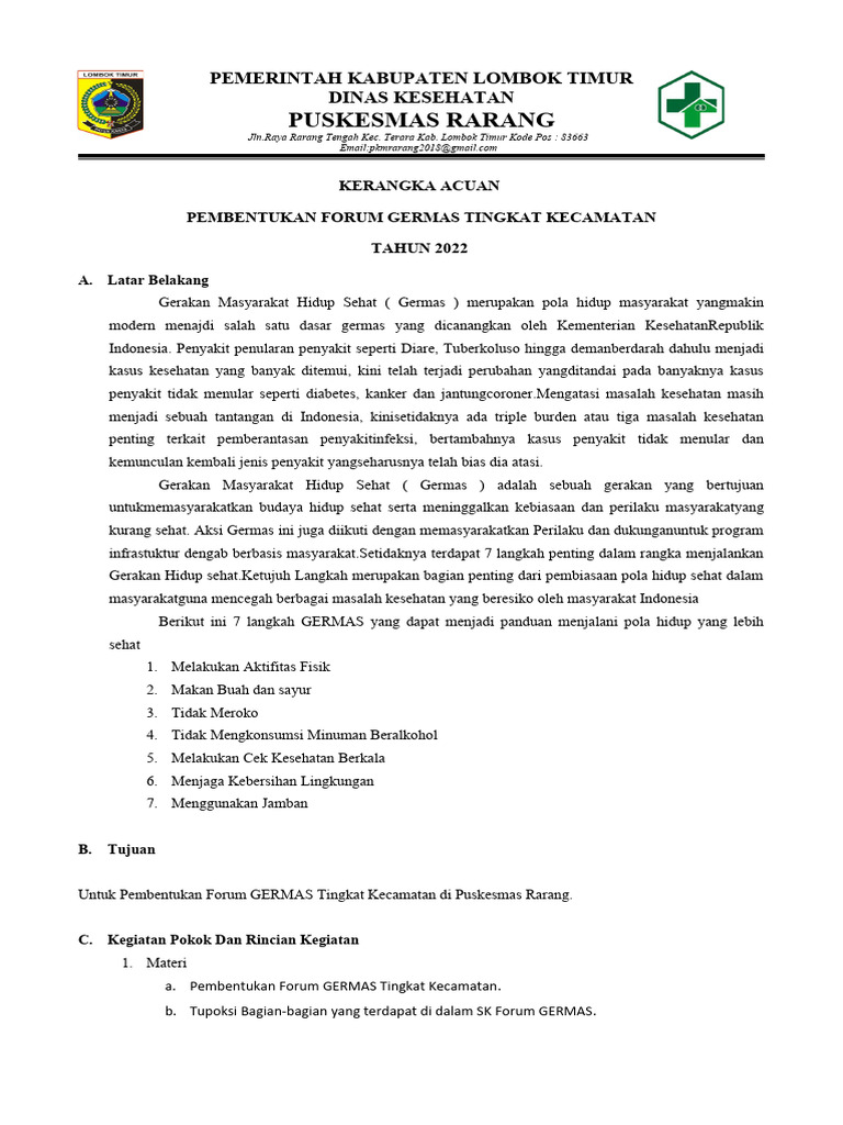 KERANGKA ACUAN Pembentukan Forum GERMAS | PDF