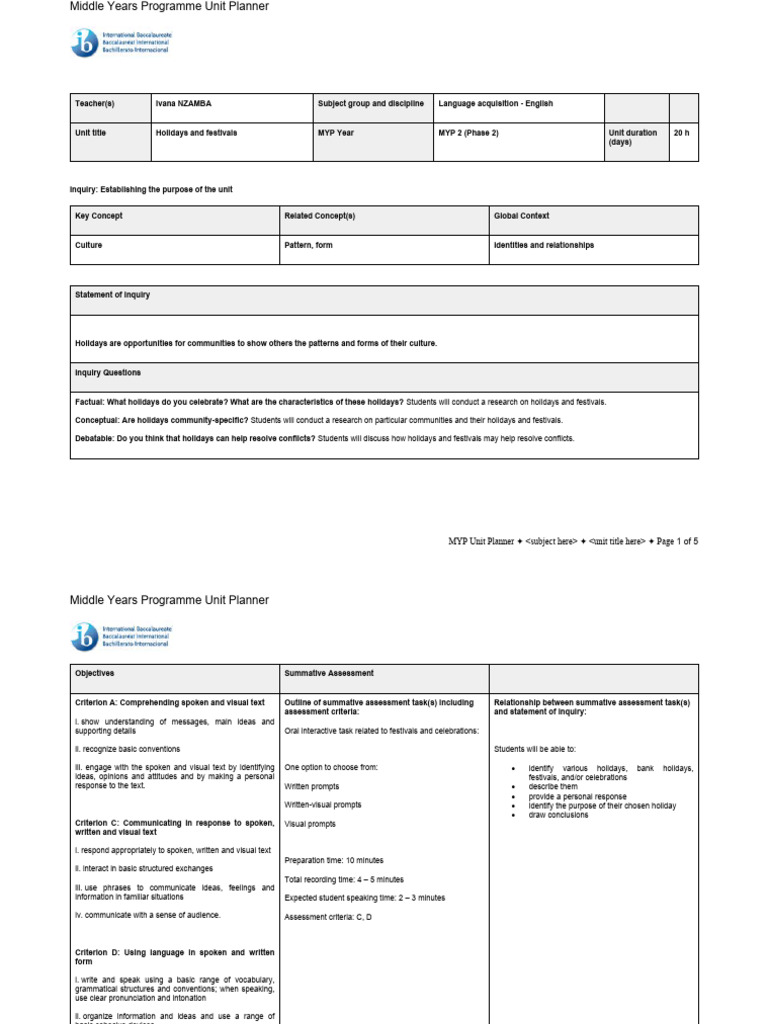 0.unit Planner 3 MYP 2 EN | PDF | Learning | Reading Comprehension