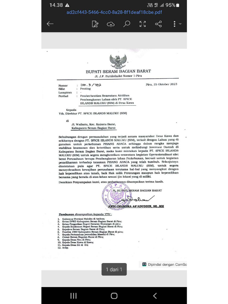 Surat Instruksi Pejabat Bupati SBB Tentang PEMBERHENTIAN Sementara Aktifitas PT - SIM/Pisang ...