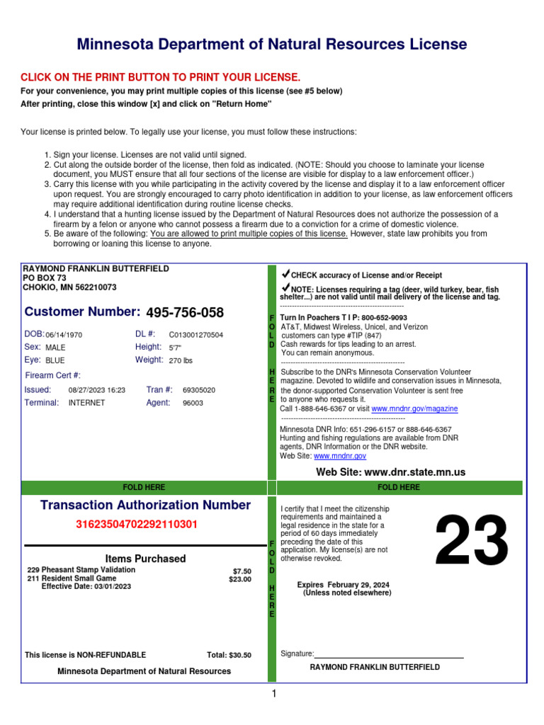 Minnesota Hunting and Fishing License | PDF | Identity Document | Justice