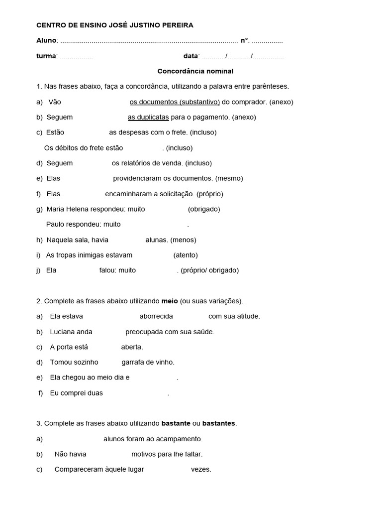 Concordância Nominal - Exercício Do Aluno | PDF