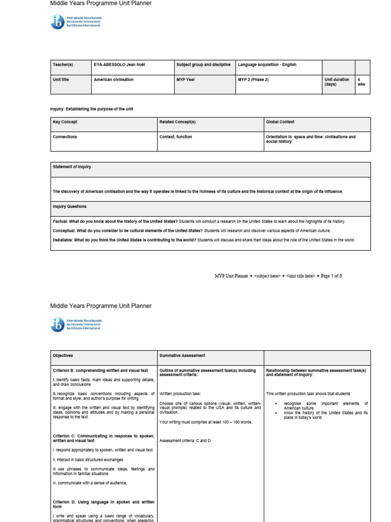 0.unit Planner 4 MYP 2 EN | PDF | Learning | Communication